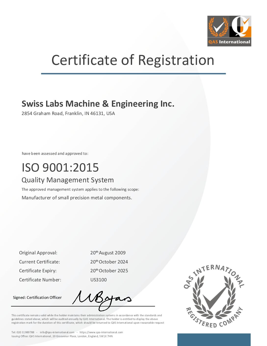 Contracting and ISO Certification | Swiss Labs Machine & Engineering